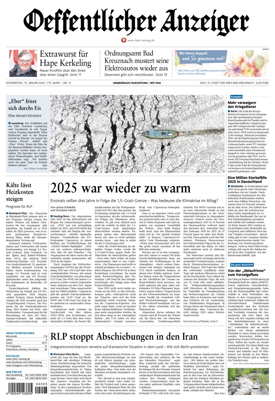 Oeffentlicher Anzeiger vom Donnerstag, 15.01.2026 | Rhein Zeitung