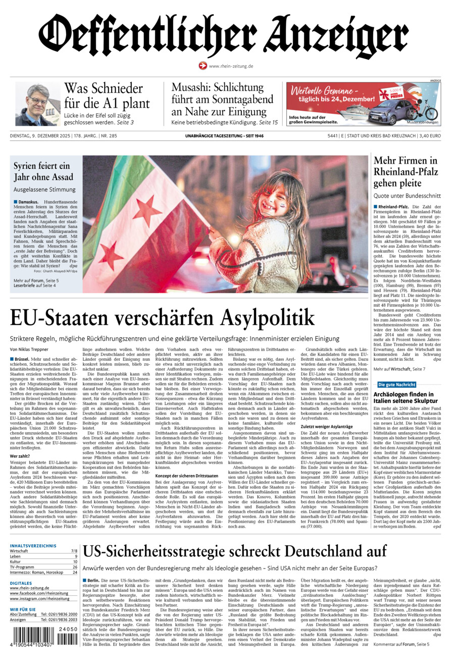 Oeffentlicher Anzeiger vom Dienstag, 09.12.2025 | Rhein Zeitung