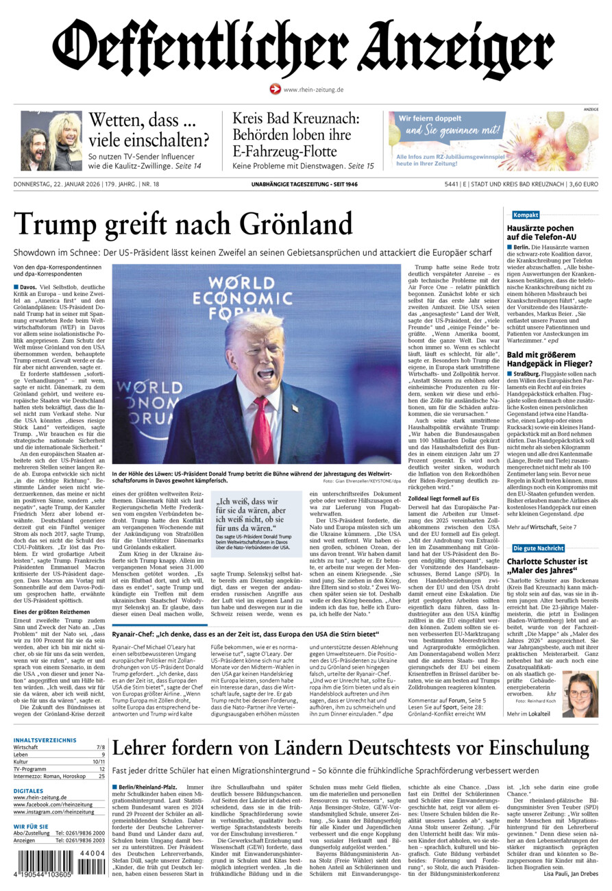 Oeffentlicher Anzeiger vom Donnerstag, 22.01.2026 | Rhein Zeitung